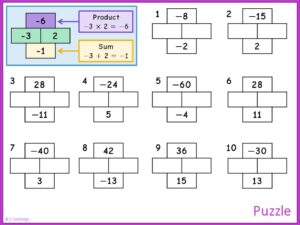 Product sum puzzles for expanding and factorising quadratics – Miss ...